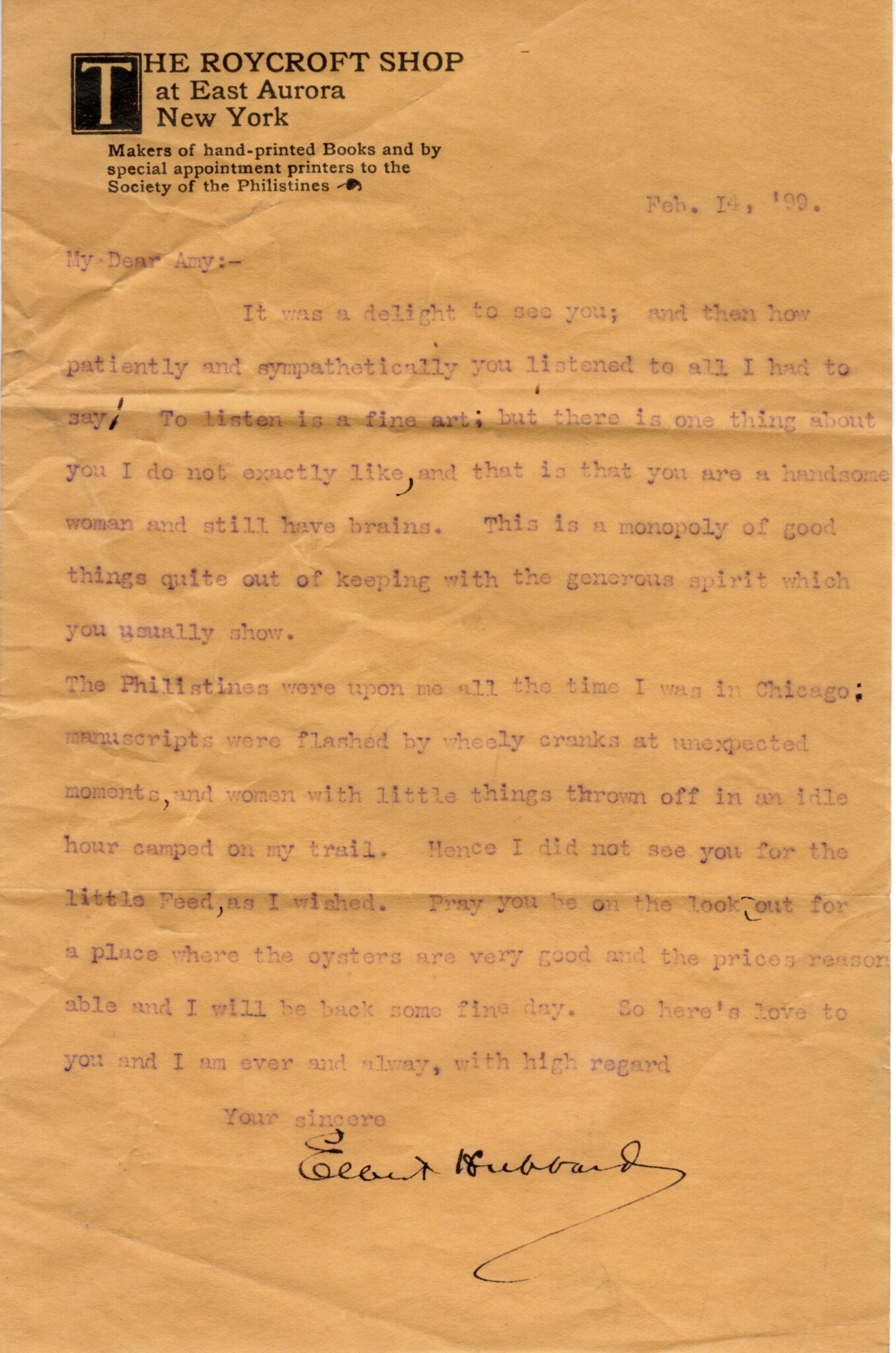Sold: Elbert Hubbard 1899 Personal Letter to My Dear Amy on Roycroft ...