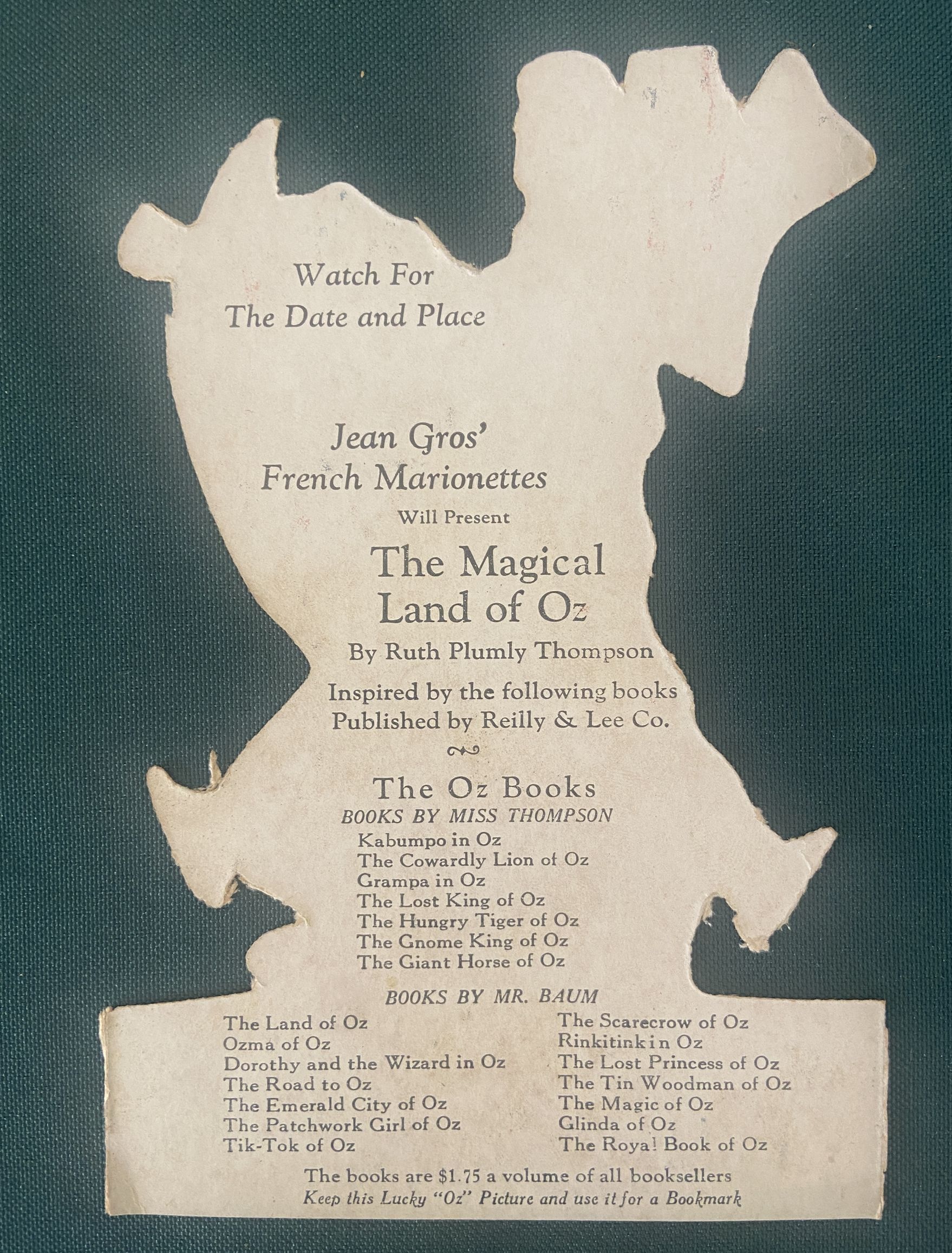 Rare Jean Gros MarionetteTin Woodman Magical Land of Oz Bookmark ca ...